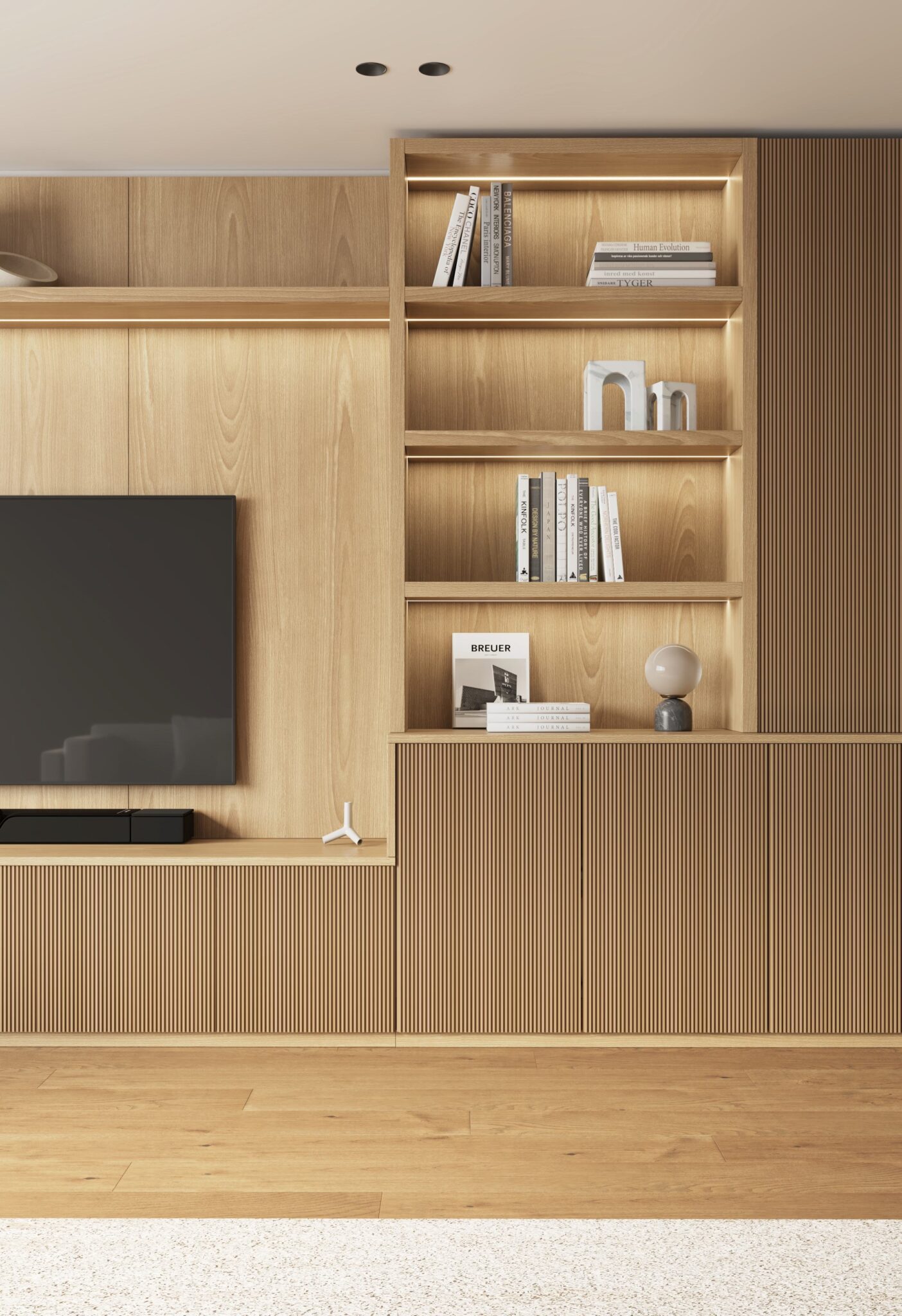 Bespoke Fluted TV Unit & Bookcase – Solid Oak Built-In Furniture London