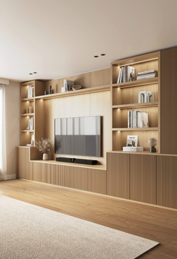 Bespoke Fluted TV Unit & Bookcase – Solid Oak Built-In Furniture London