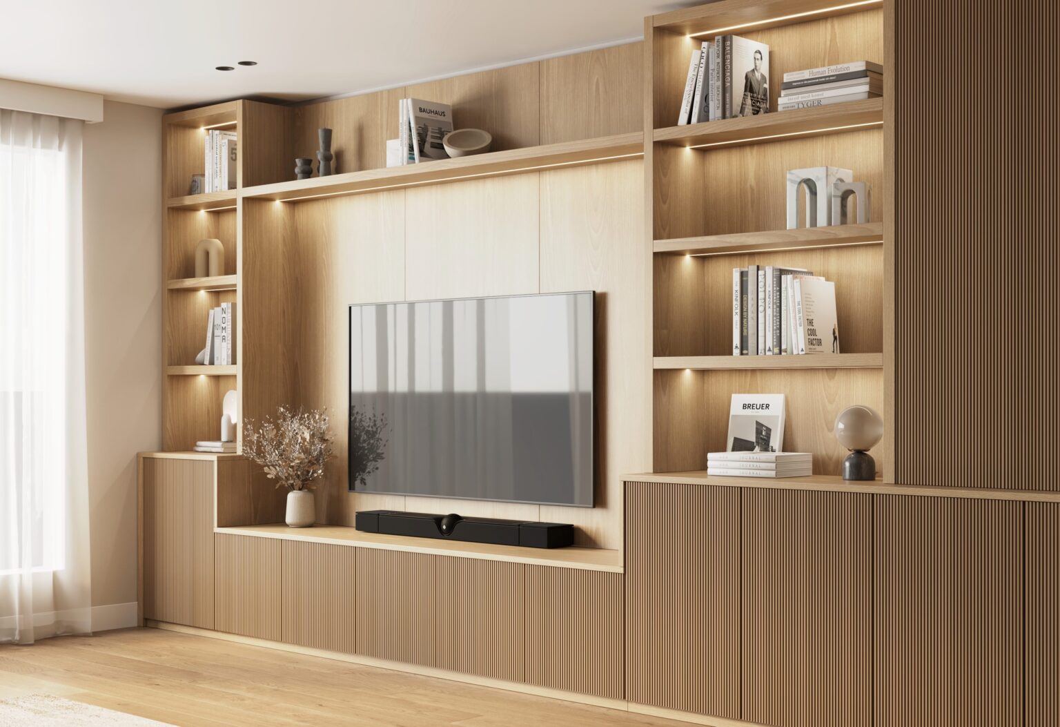 Bespoke Fluted TV Unit & Bookcase – Solid Oak Built-In Furniture London