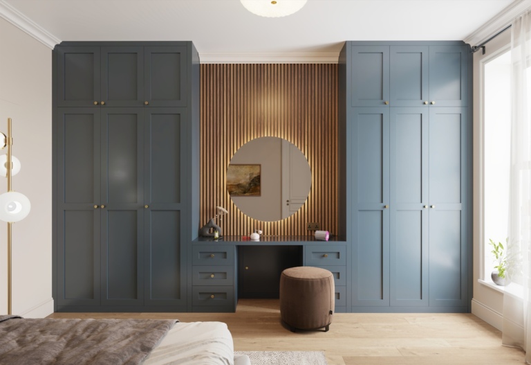 Fitted shaker style wardrobe in bedroom alcoves, chimney breast ...