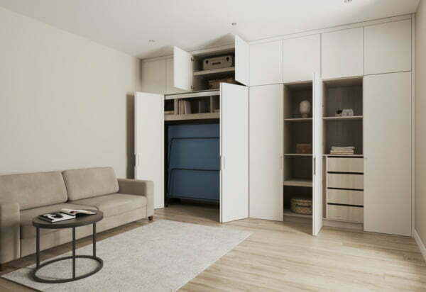 Bifold doors living room fitted storage cabinet, tall wardrobes London