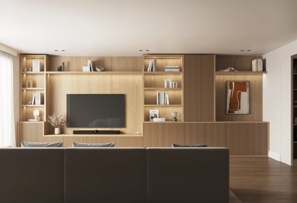 Bespoke Fluted TV Unit & Bookcase – Solid Oak Built-In Furniture London