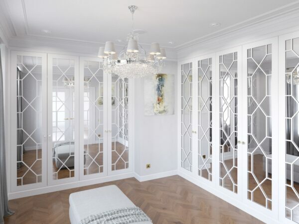Prisma fitted mirrored wardrobes with lacquered fretwork doors London
