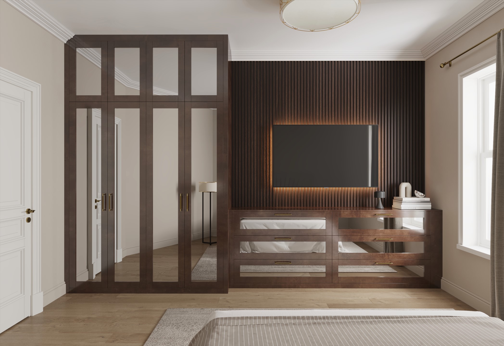 Acrylic gloss fitted wardrobe with featured wall slatted panel from oak