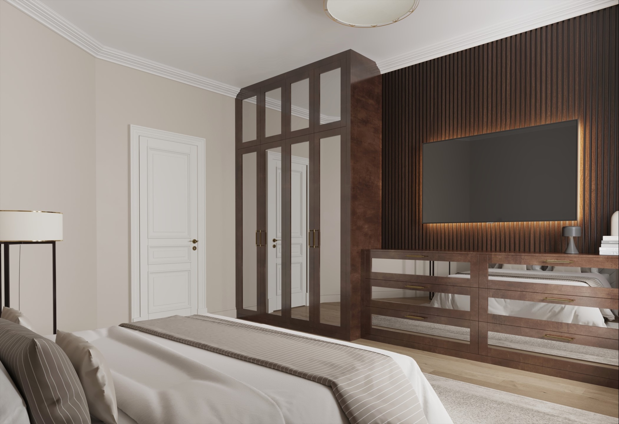 Acrylic gloss fitted wardrobe with featured wall slatted panel from oak