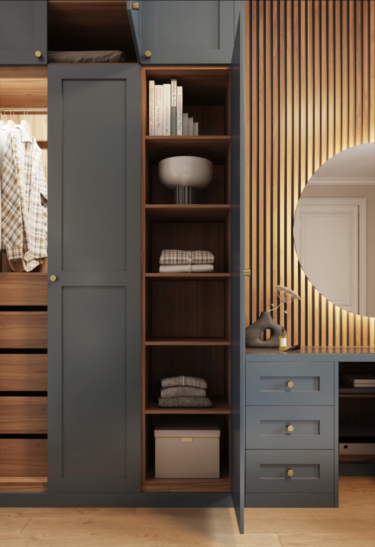 Fitted shaker style wardrobe in bedroom alcoves, chimney breast ...