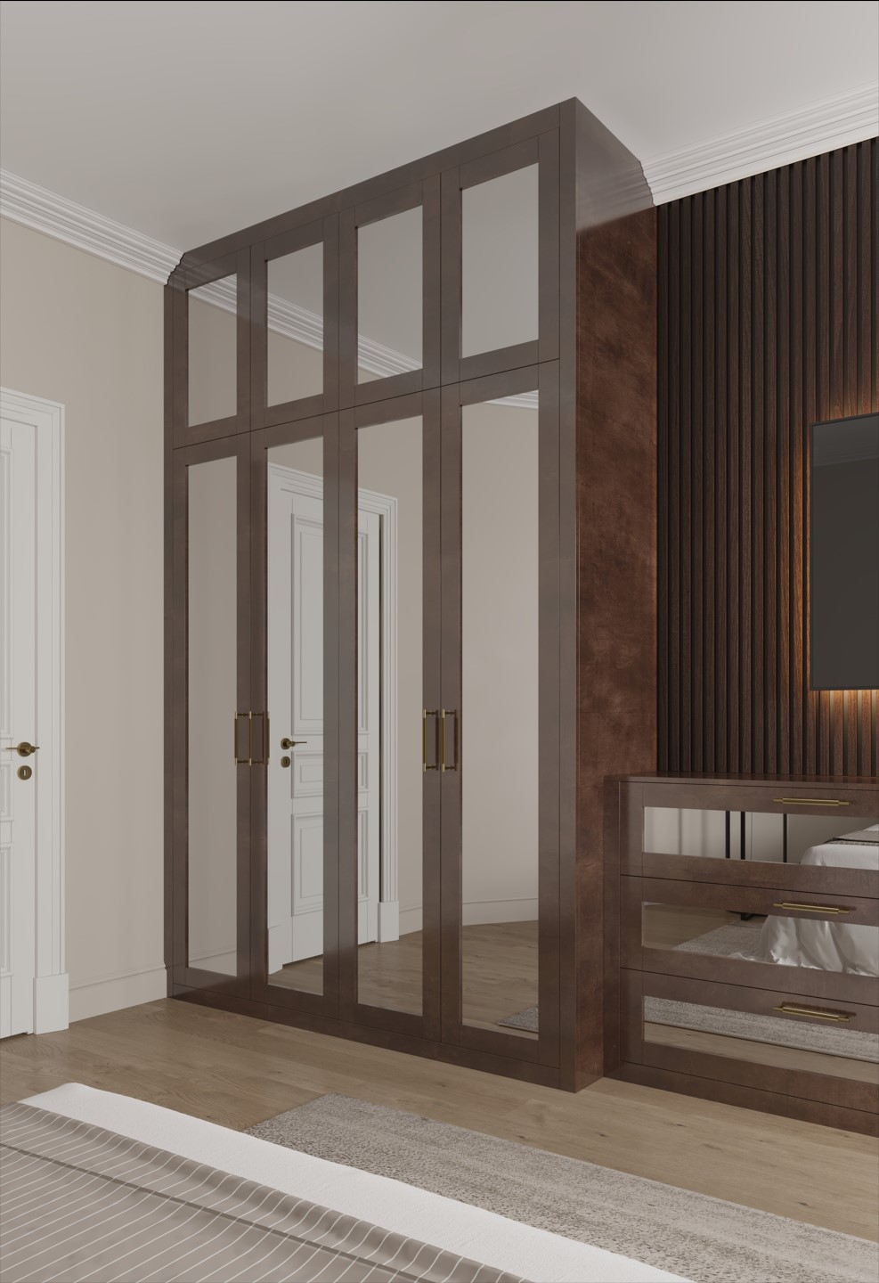 Acrylic gloss fitted wardrobe with featured wall slatted panel from oak