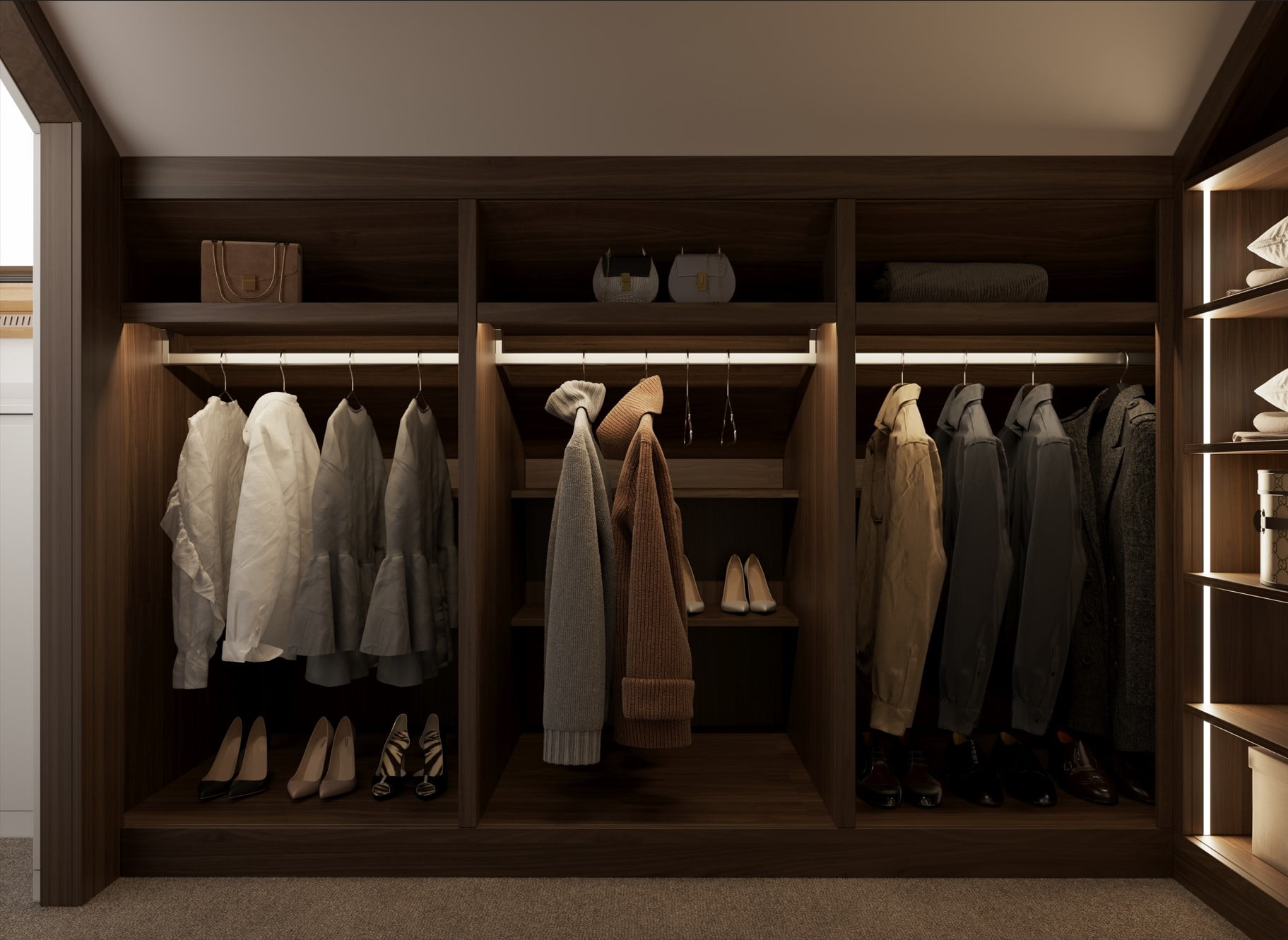 Loft room bespoke wardrobes lacquered wood doors, grooved handles ...