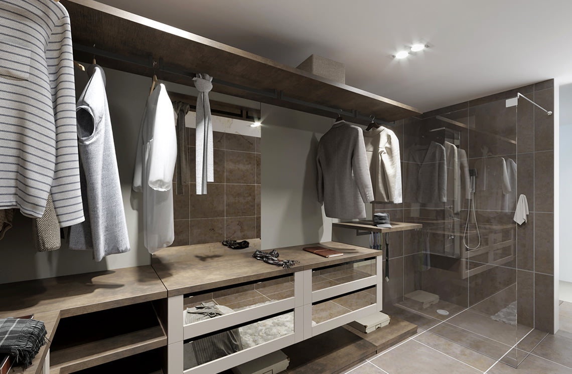 Bespoke wall mounted walk in wardrobe system for dressing rooms London