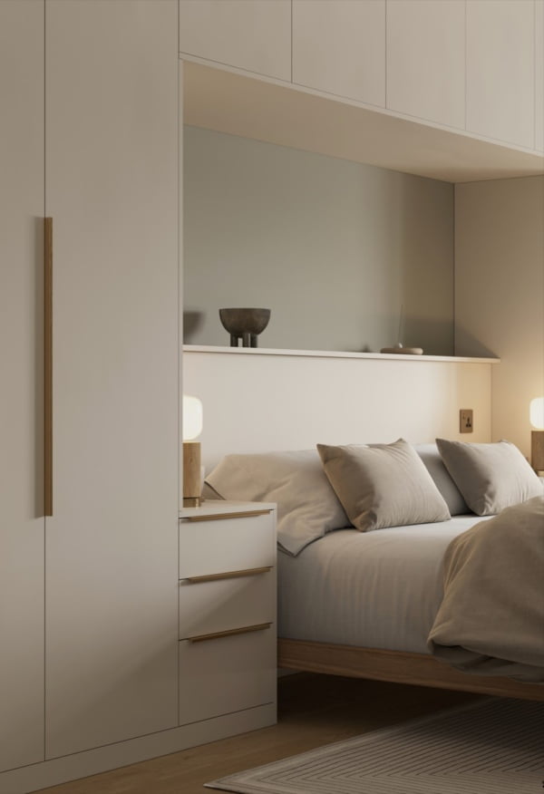 Fitted Overbed wardrobes project with light grey doors and textile ...