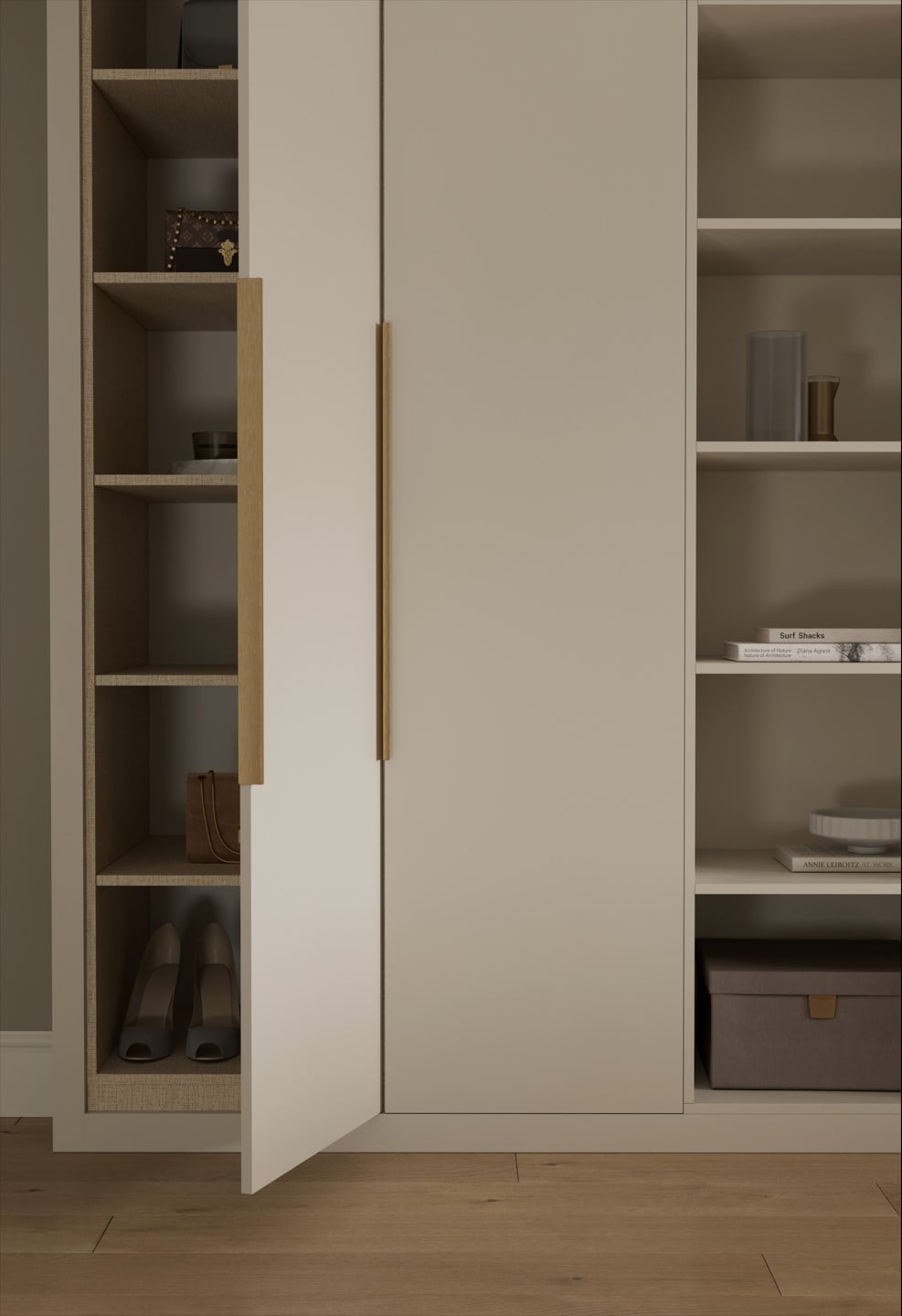 Fitted Overbed wardrobes project with light grey doors and textile ...