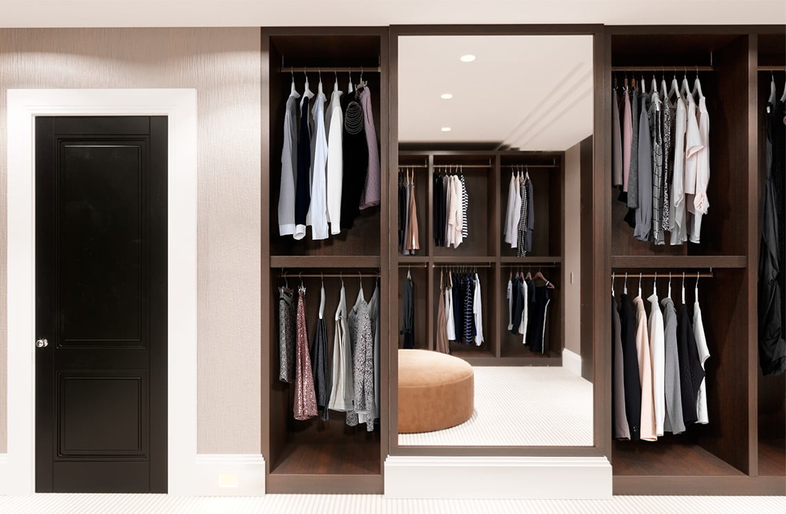 Luxury oak veneer fitted walk in wardrobe in Surrey, tailor made ...