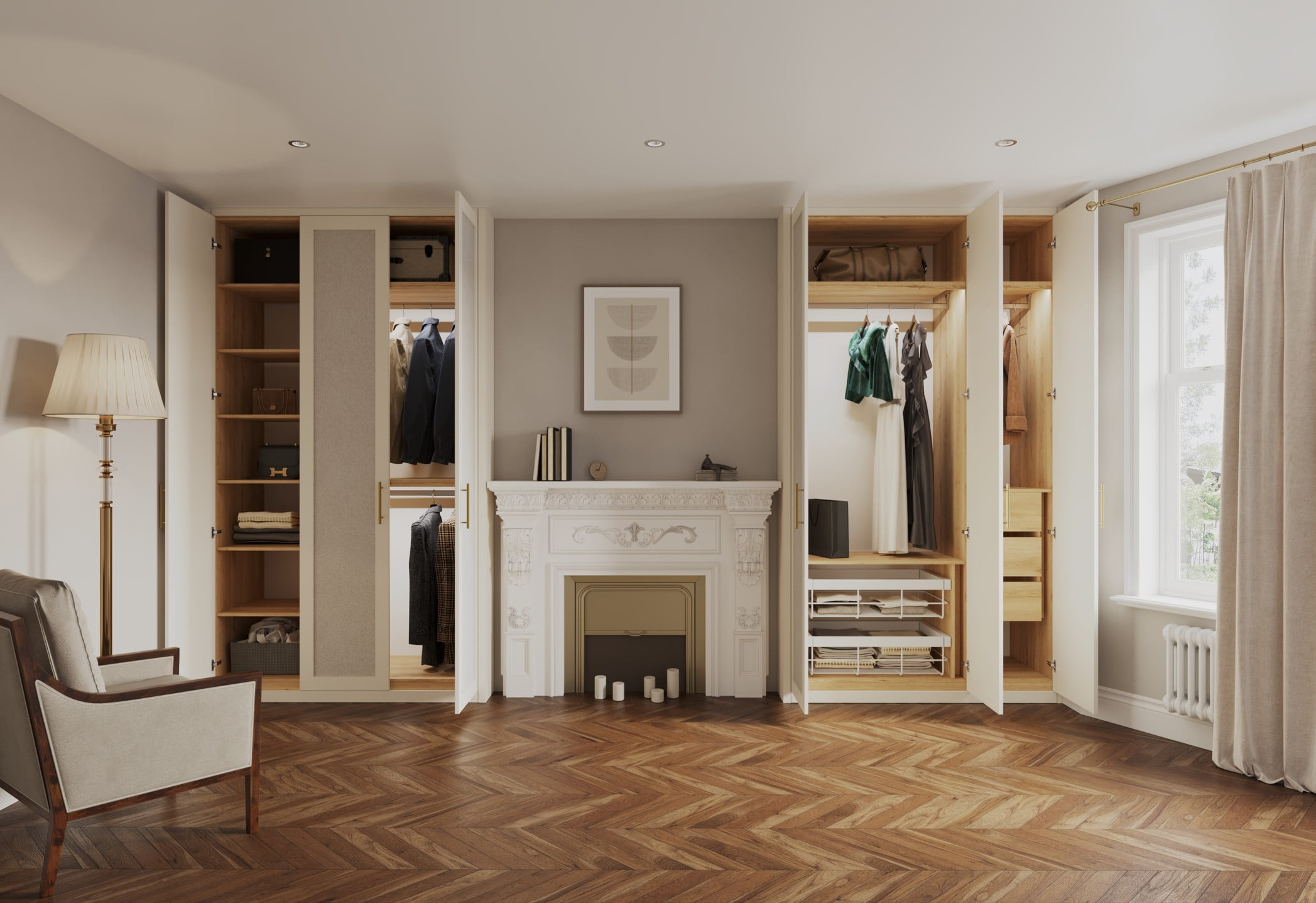 Fitted alcove wardrobes with fabric textile inserts | Urban Wardrobes