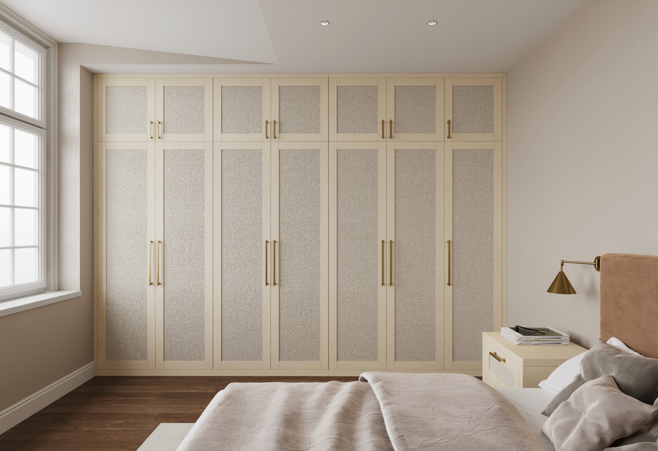 Bespoke cupboard with linen fabric inserts and brass handles, Urban ...