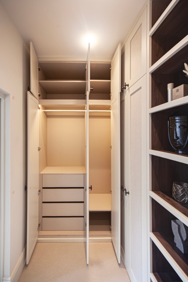 Modern tailor made dressing room in Chelsea London with fabric beige ...