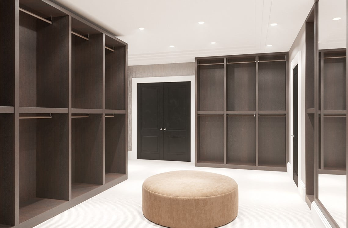 Luxury oak veneer fitted walk in wardrobe in Surrey, tailor made ...